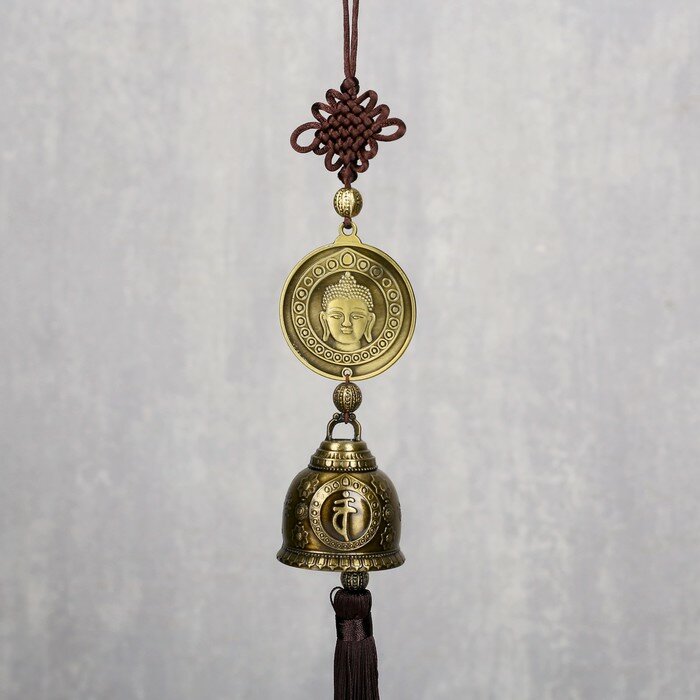 Колокольчик подвесной металл «Монета с буддой», 1 колокол, d=4.8 см, 39×5.3×4.8 см