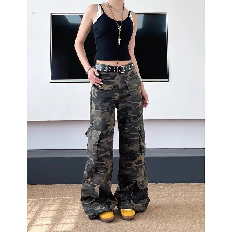 MON Женские джинсы Чистый цвет Свободный камуфляж грузовой Харадзуку 2000-х винтажный стиль, Размер_XL
