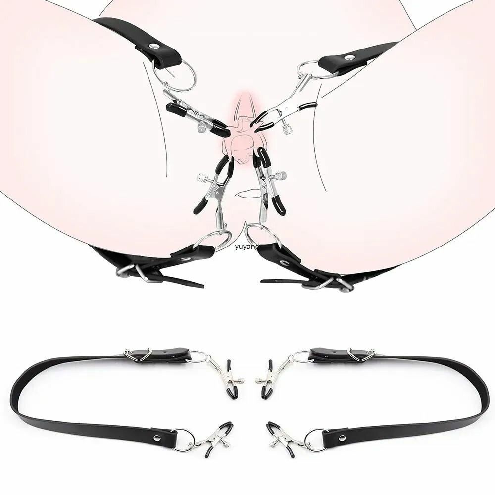 Товары для взрослых, Ремни для раздвижения половых губ с зажимами, Набор из двух штук Черный