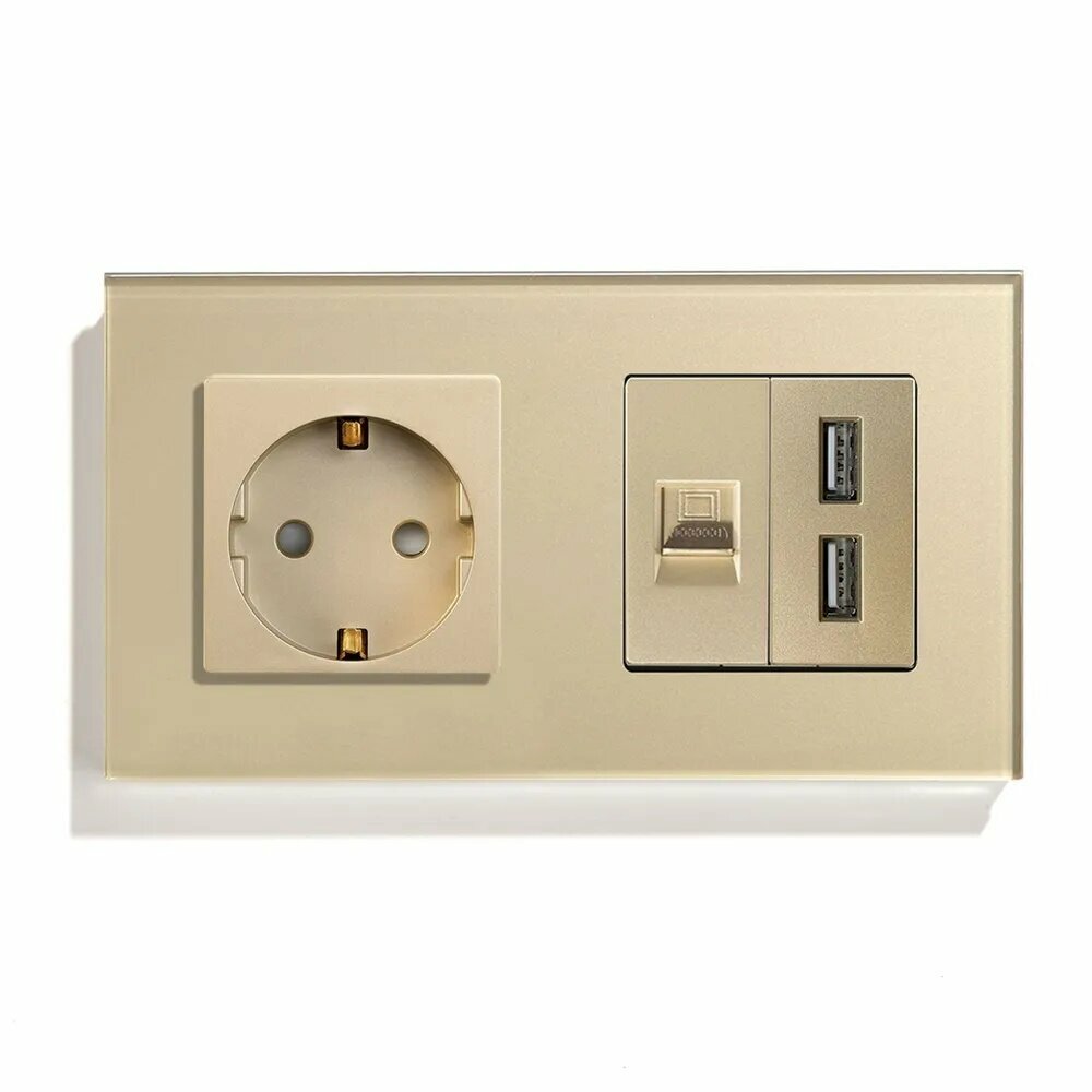 Розетка с комп RJ-45 /2USB, интернет розетка CAT5+USB, рамка стекло Золотой