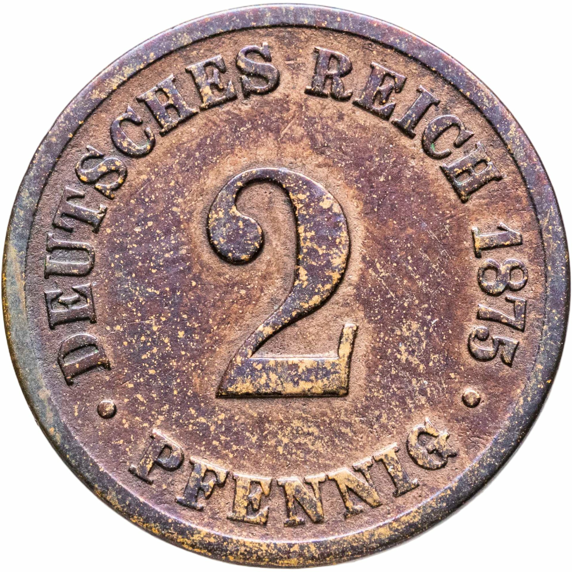 Германия 2 пфеннига pfennig 1875 B знак монетного двора: "B" - Ганновер, Медь, в сохранности F-VF