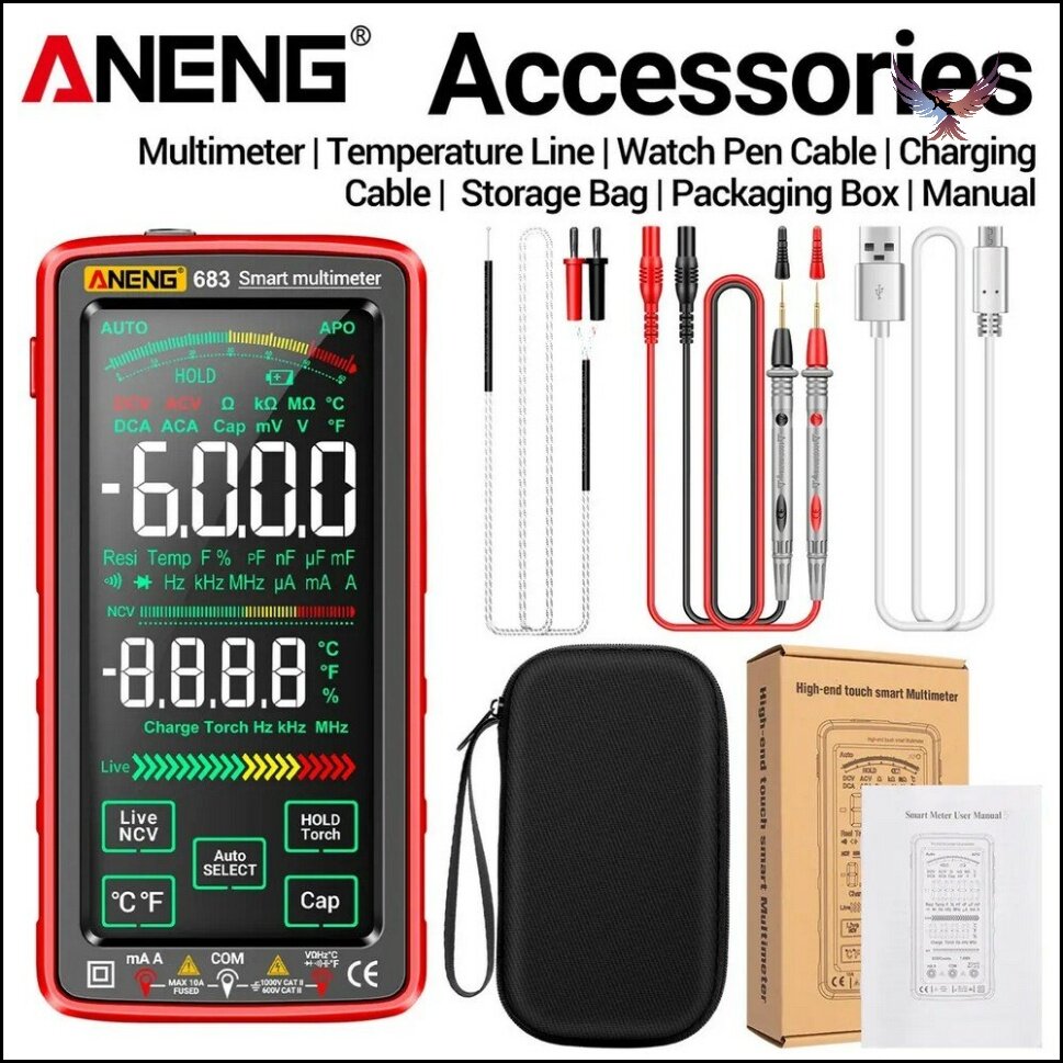 Мультиметр 683, цифровой, с подсветкой, защитой от перегрузки, перезаряжаемый, 6000 измерений