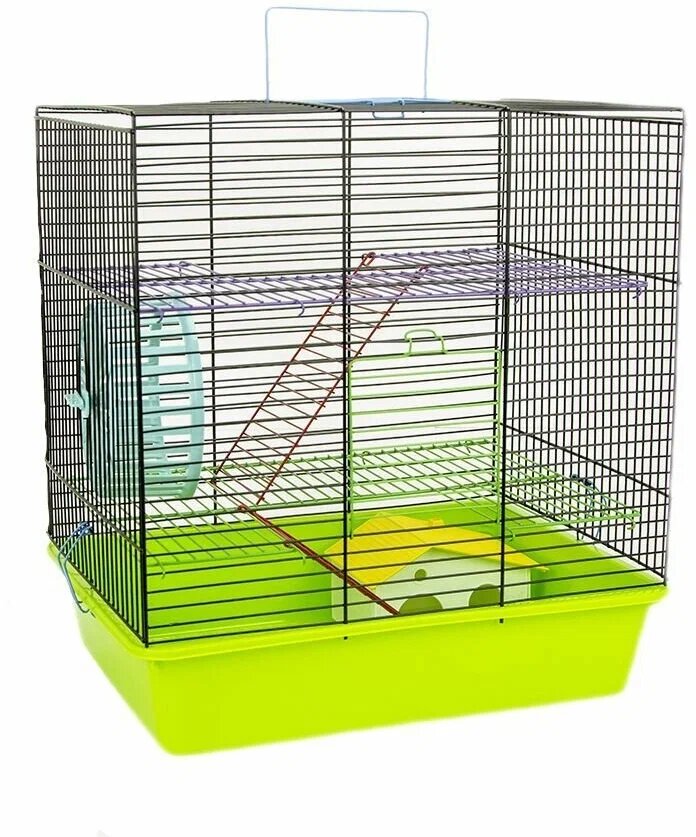 Вака Клетка для грызунов "Грызун №4", 2-ярусная, прямоугольная, с домиком, с колесом, 41х30х44 см, микс цветов, 1 шт