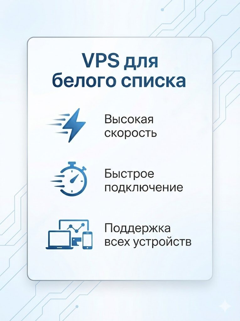 VPS для работы белого списка. универсальный, скорость до 1 ГБит/с, на 1 месяц