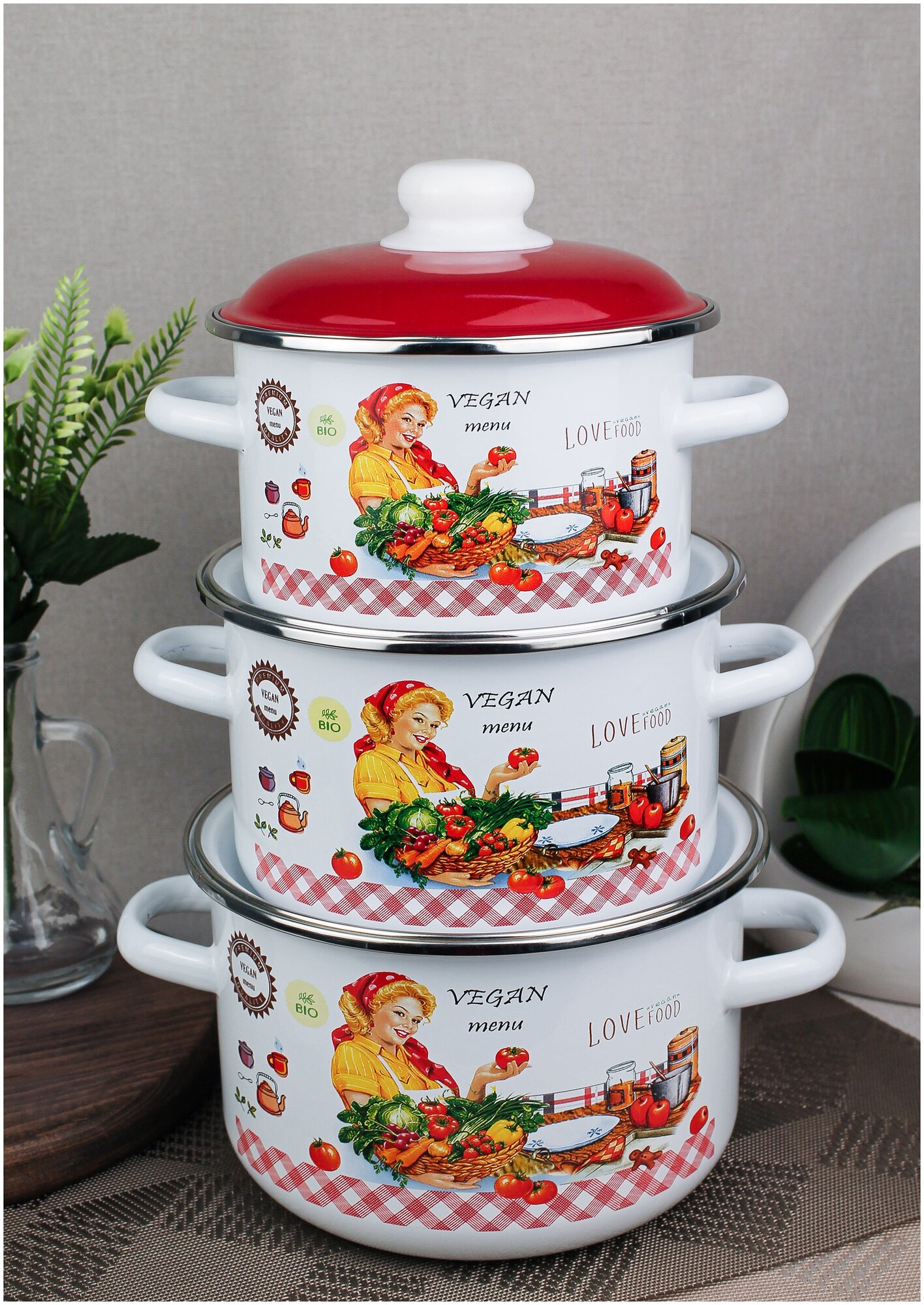 Набор посуды эмалированная сталь, 3 предмета, кастрюли 2,3,4 л, индукция, СтальЭмаль, Хозяюшка, 6KB021M