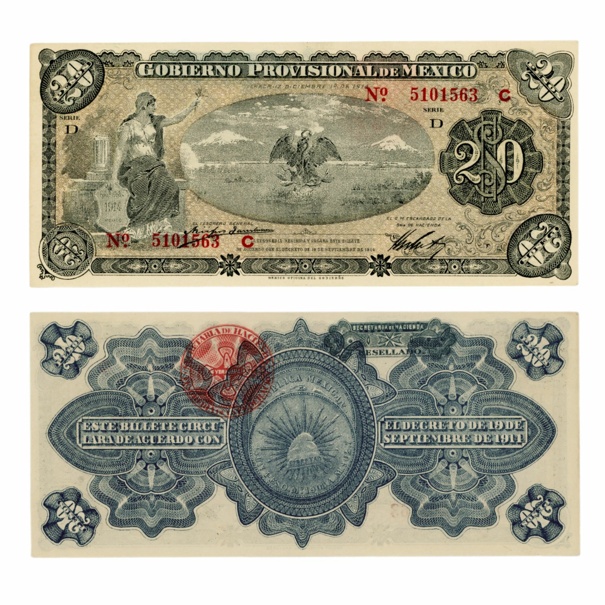Банкнота Мексика 20 песо 1914 год Uncirculated (UNC) Pick S-1110b /Революционный выпуск