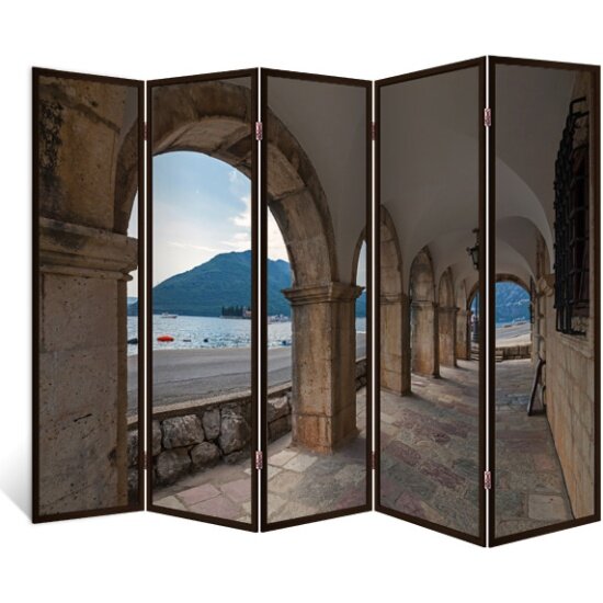 Ширма перегородка Декор Депо для комнаты деревянная "Арки" двухсторонняя с картинкой (города) 5 створок венге 176х230 см 18 кг