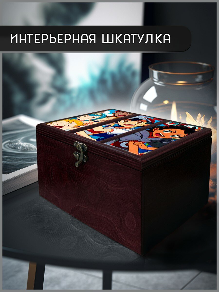 Шкатулка интерьерная вишня "Тройная" для украшений универсальная 22x17x12 см Аниме Pokemon (Покемоны, Пикачу, бульбазавр, Сквиртл, иви) - 906