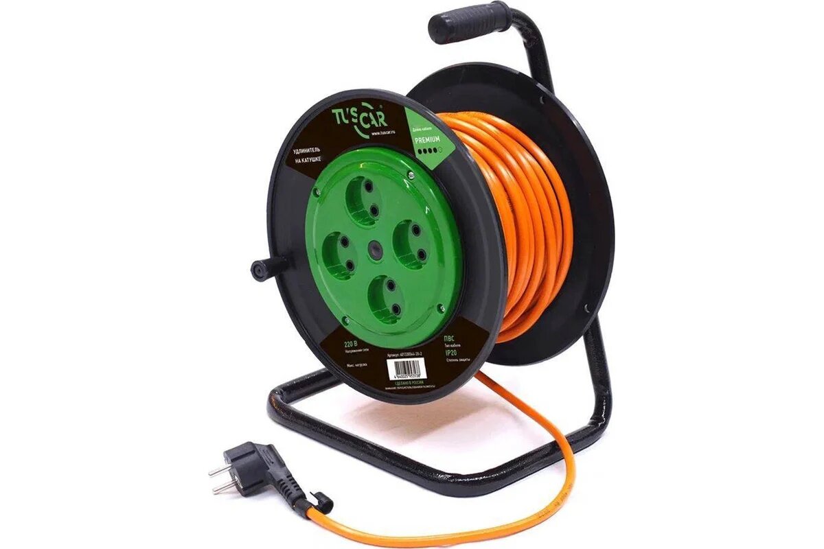 TUSCAR Удлинитель эл. силовой 50м, 4 розетки, на пласт. катушке, с/з пвс 3x2,5, 4квт 401331144-50-2