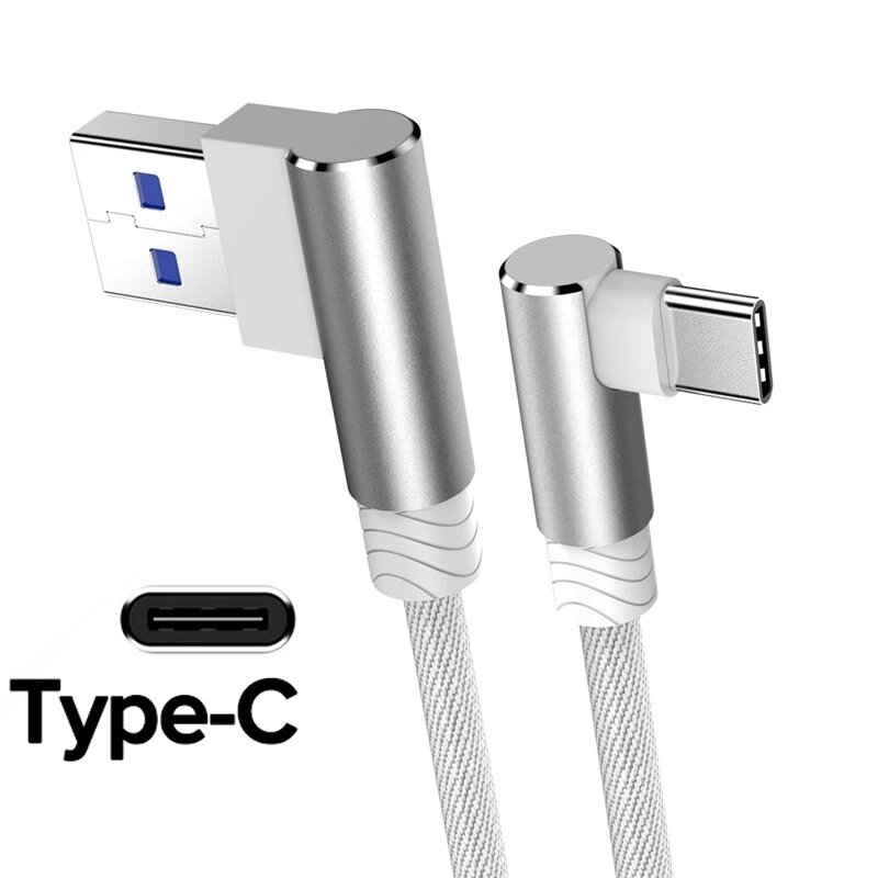 Кабель USB Type-C 1м, белый, 90° с USB, 3A