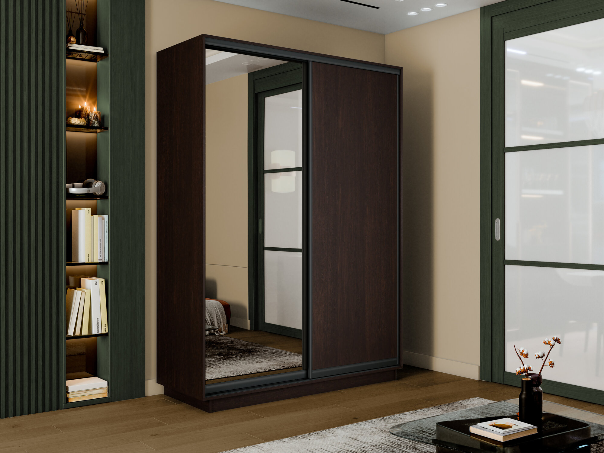 Шкаф купе Вилли 2-х дверный ЛДСП с зеркалом, профиль черный 120 см х 240 см х 45 см (Венге)