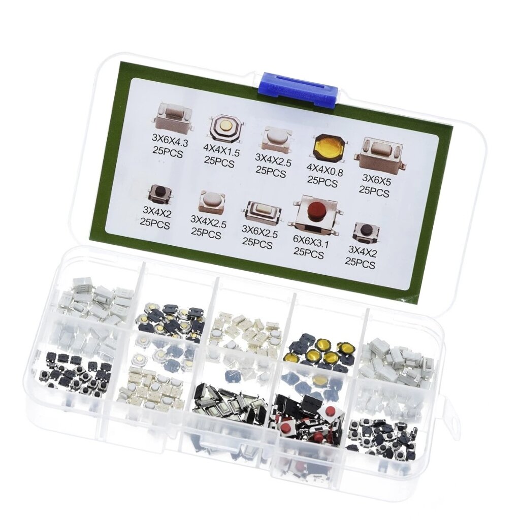 250Pcs Tactile Push Button Switches Assortment 10 Types Plastic Case For Car Remote Key Repair Microswitches