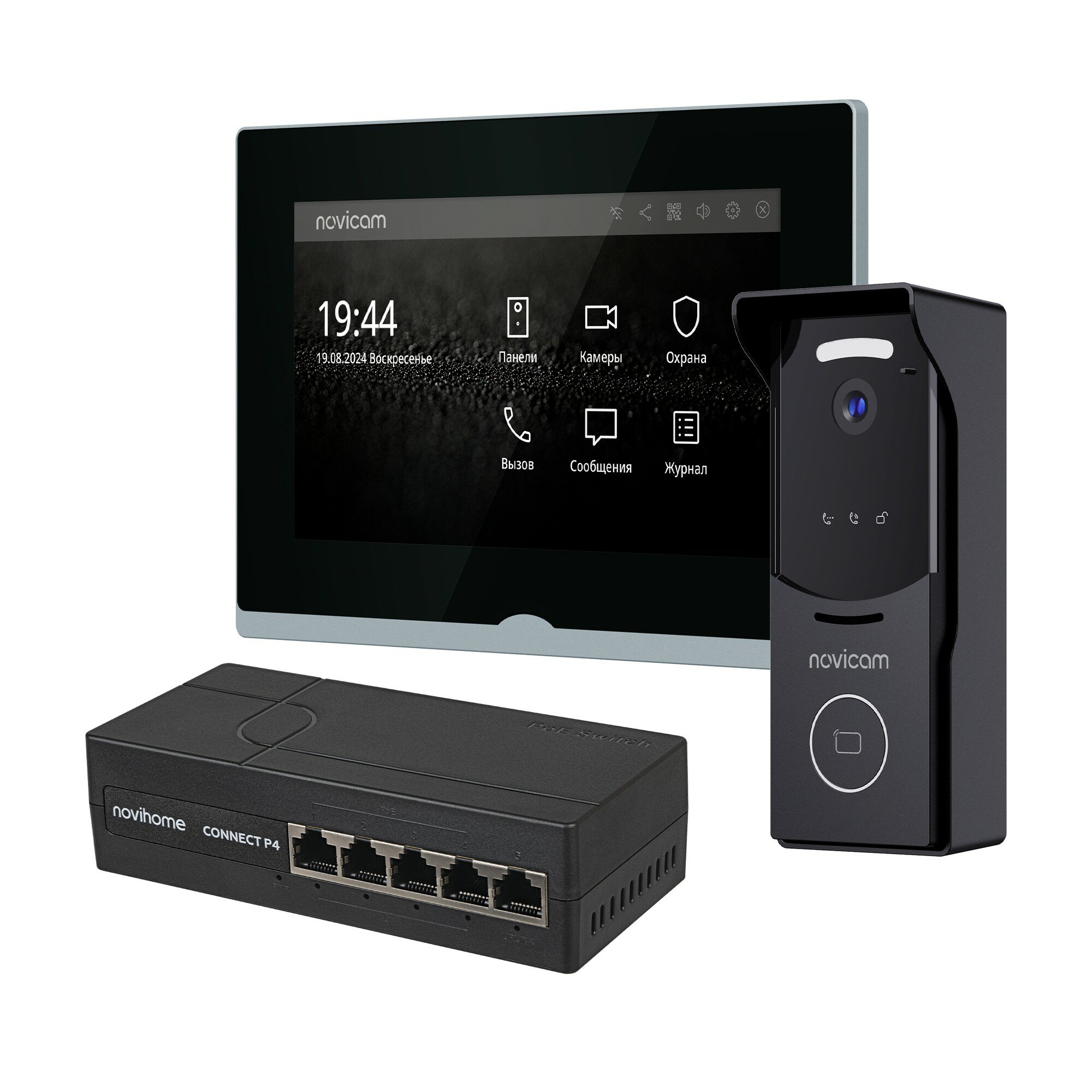 Комплект IP-видеодомофона Novicam IMPULSE 7 IP KIT BLACK. Видеодомофон, вызывная панель, PoE-коммутатор.