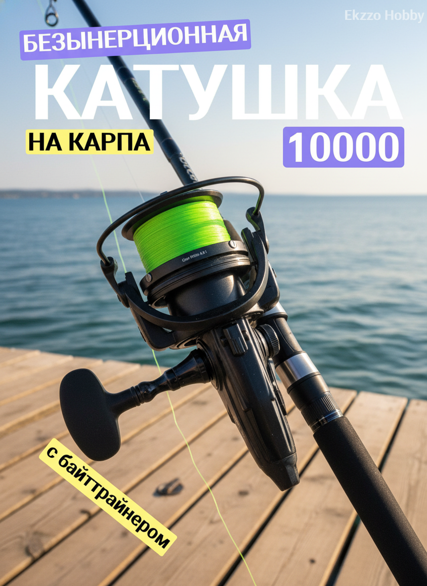 Катушка для спиннинга и рыбалки с байтранером передним и задним фрикционом на карпа, щуку, жереха, сазана 9000, 4.6:1