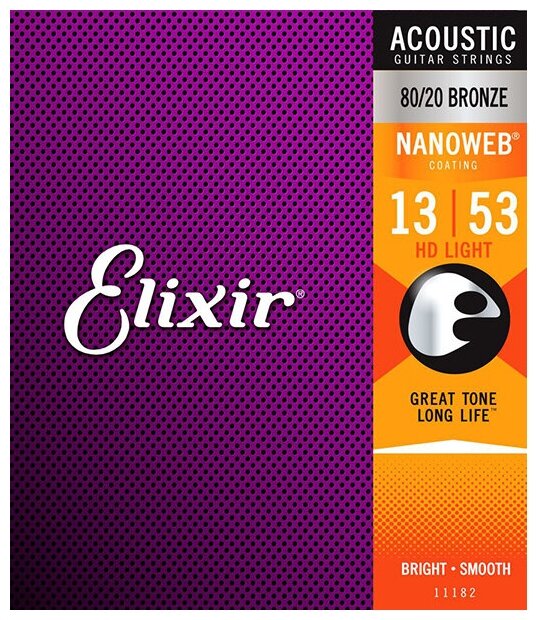 11182 NANOWEB Комплект струн для акустической гитары, HD Light, бронза 80/20, 13-53, Elixir
