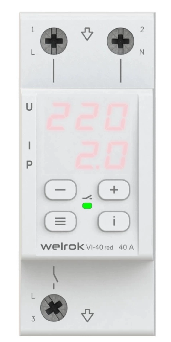 Реле напряжения Welrok / Вэлрок VI-40 red с контролем тока (max 50A) в корпусе из пластмассы, белый, 40А, 120(280)В / электрика