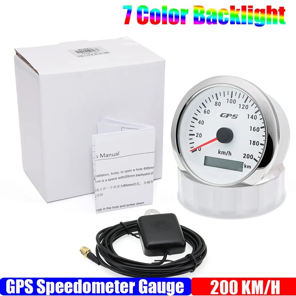 7-цветный светильник 60/120 км/ч 85 мм GPS-спидометр для лодки, автомобиля, грузовика, измеритель скорости с GPS-антенной, водонепроницаемый, 9-32 В, на заказ, 200KMH WS
