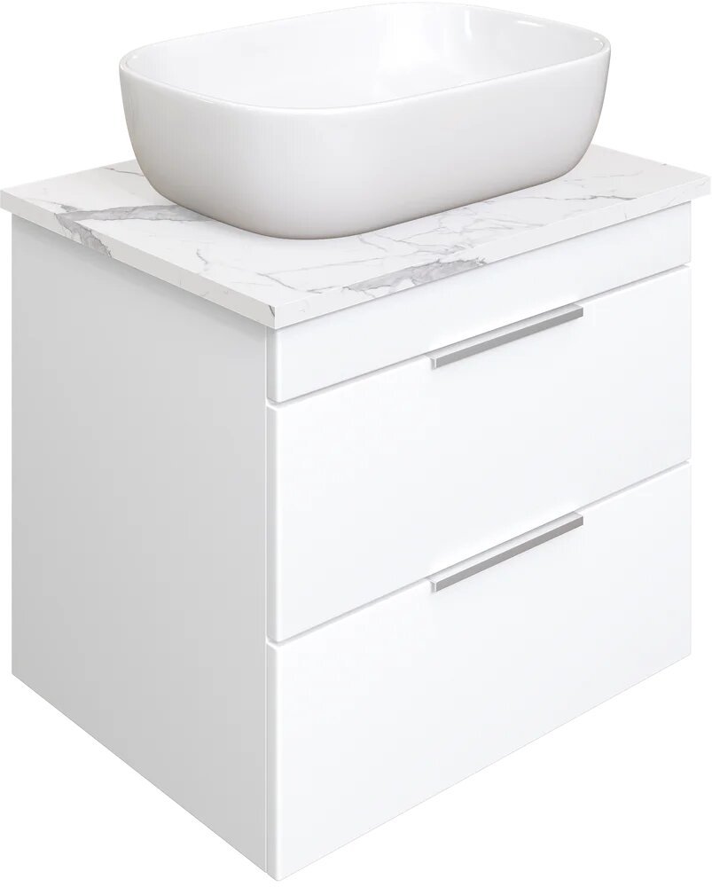 Тумба с раковиной STWORKI Копенгаген 60 подвесная, 55, 8 см, со столешницей, белая, глянцевая, с отверстием под смеситель, из МДФ, с ящиками, раковина для ванной фарфоровая, прямоугольная