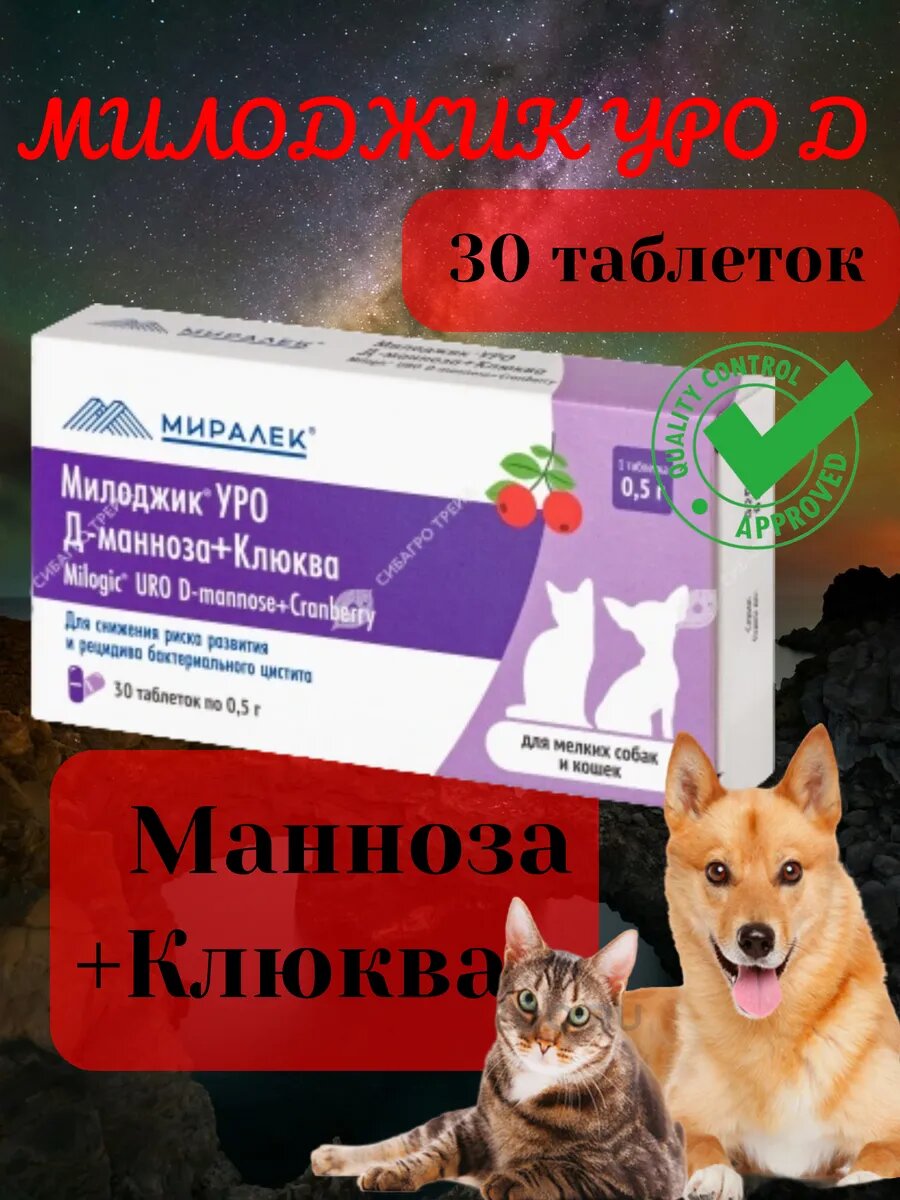 Милоджик УРО Д-манноза+клюква для мелких собак и кошек