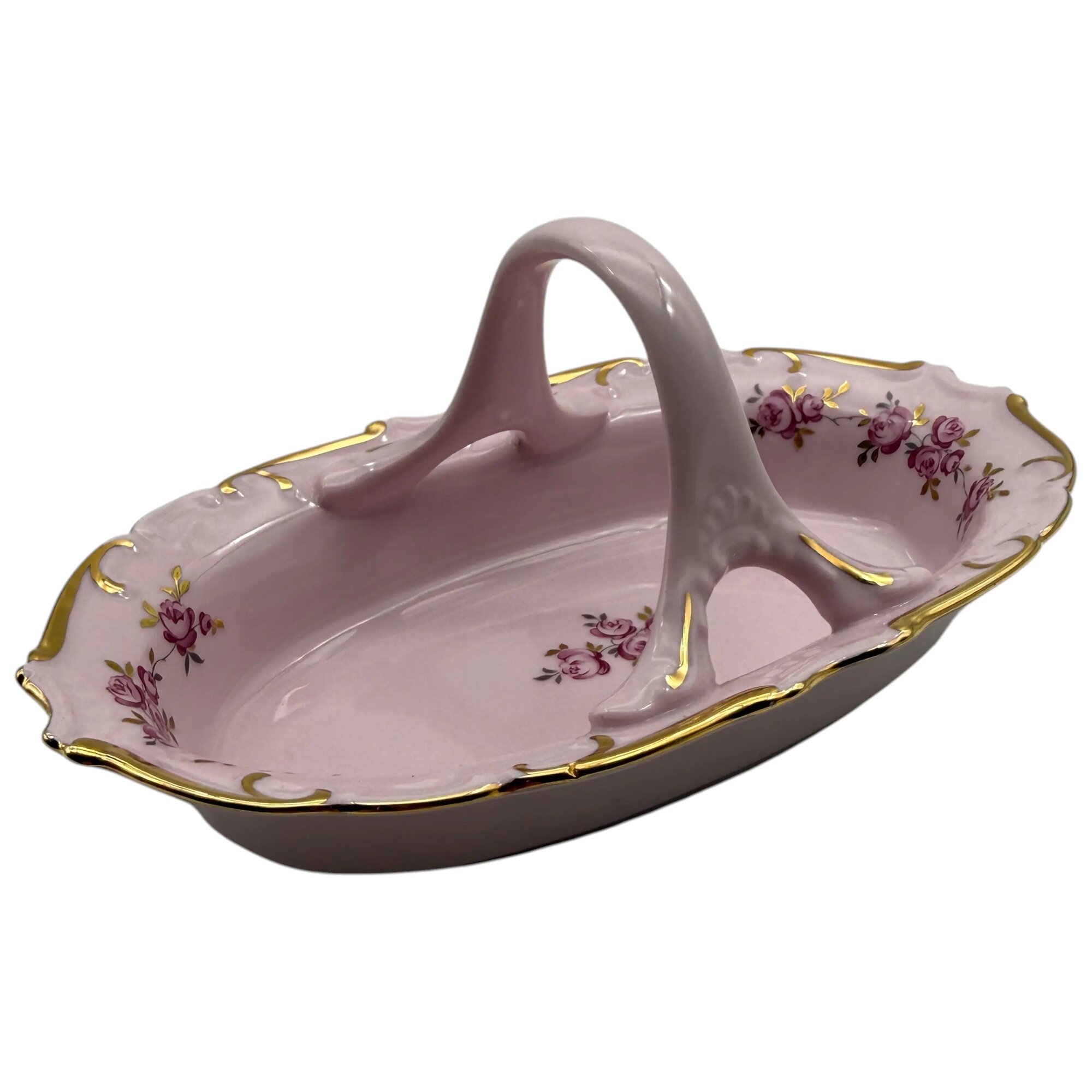 Конфетница "Розочки" с ручкой, розовый фарфор, позолота, 1970-1990 гг, RGK, Чехословакия