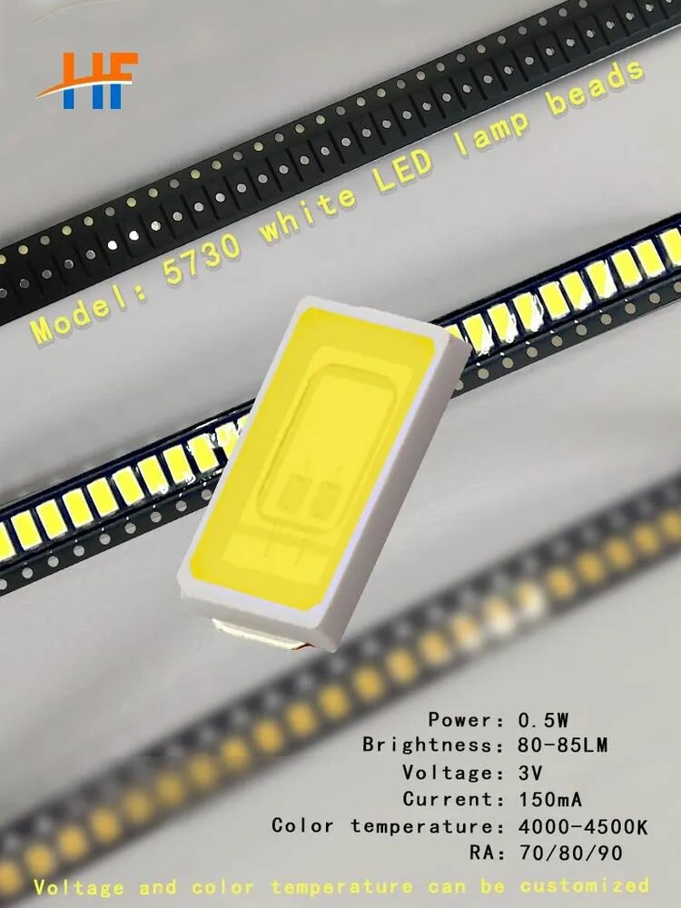 Светодиод SMD LED 5730, естественное белое свечение, цветовая температура 4000К, индекс цветопередачи 70/80/90, мощность 0,5 Вт, напряжение 3В, ток 150 мА, яркость 65-70 лм, 1 упаковка 100 штук