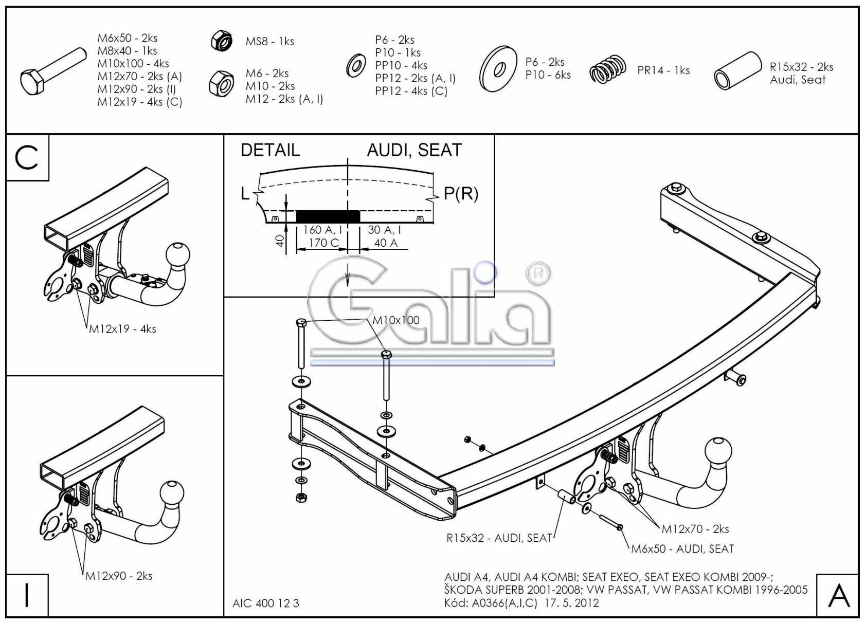 Оцинкованный фаркоп на Audi A4 седан/универсал (Avant) 2000-2007, включая 4WD (Quattro), SEAT Exeo седан/универсал 2009- (без электрики), Galia A036C