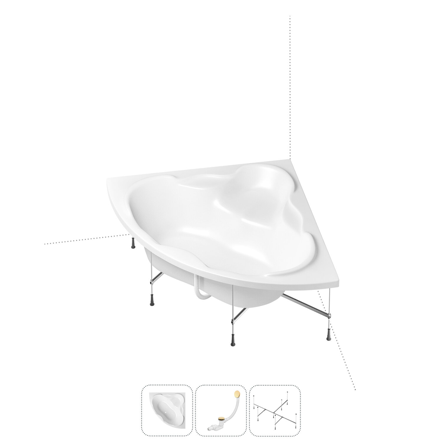Угловая ванна акриловая 140 x 140 с каркасом Lavinia Boho Elegant 202011087 в наборе 3 в 1: акриловая ванна, слив-перелив, каркас