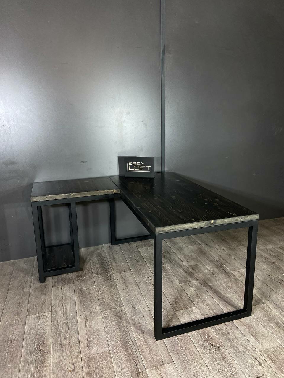 Стол компьютерный угловой "EasyLOFT" в стиле лофт с отделением для системного блока, массив хвойных пород, для дома и офиса, (140х140)x(50х70)x75см, цвет эбен