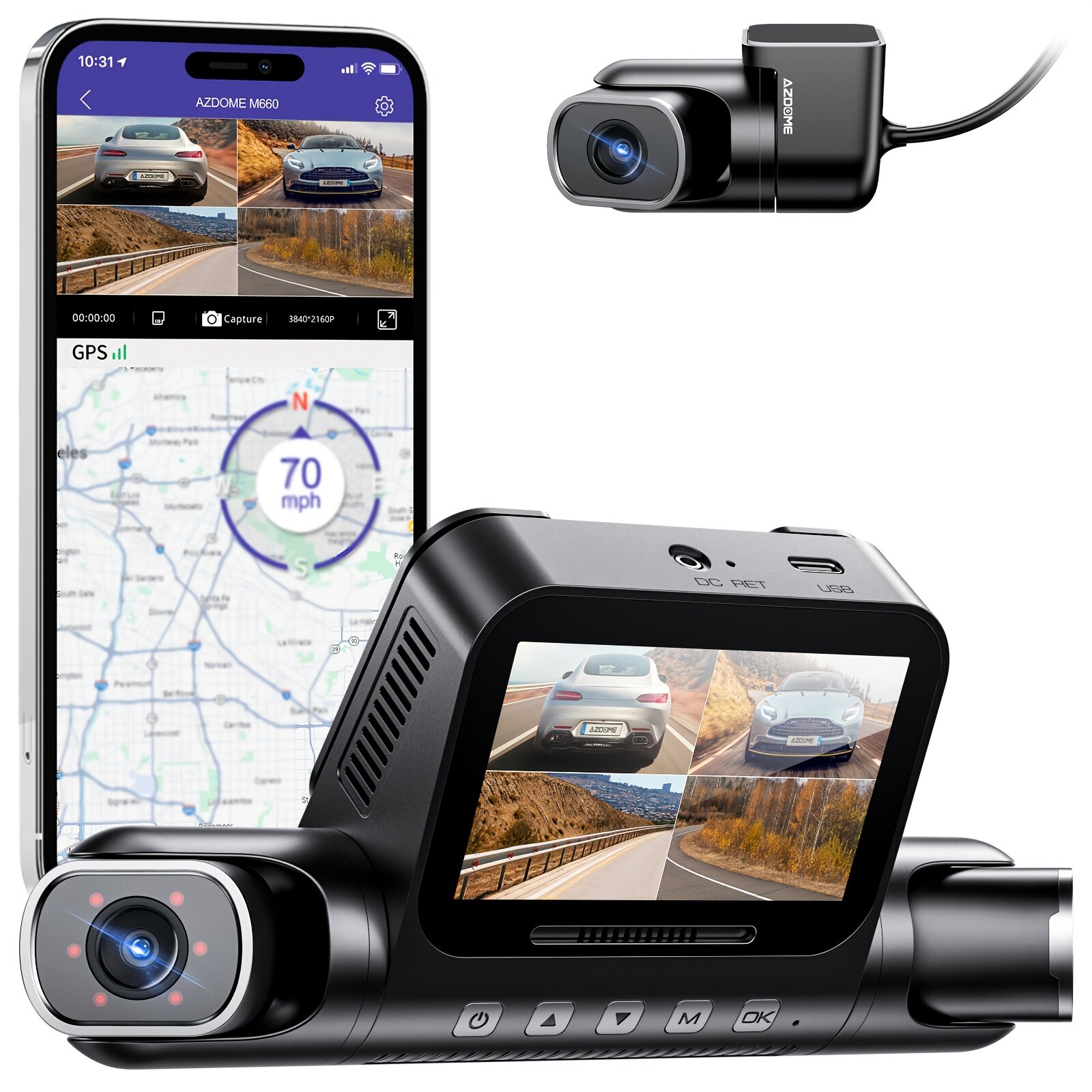 AZDOME 360° камера видеорегистратор Dash Cam, 4 канала 2K+1K+1K+1K, 128 ГБ eMMC, Wi-Fi и GPS, 24-часовой режим парковки, ИК ночное видение, голосовое управление