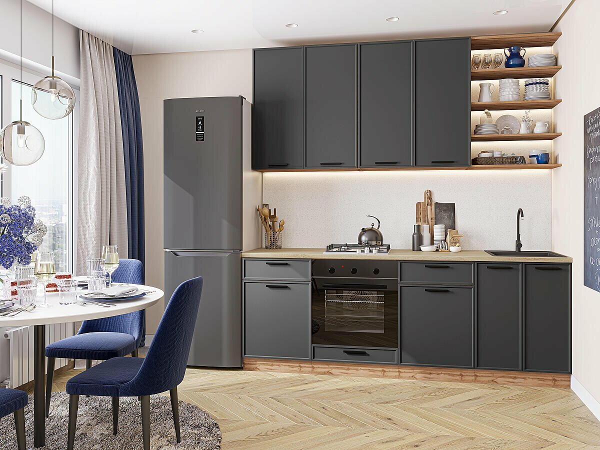 Готовый кухонный гарнитур 2.2 метра кухня Фрейм-02 Stormy Silk, Дуб Вотан со столешницей