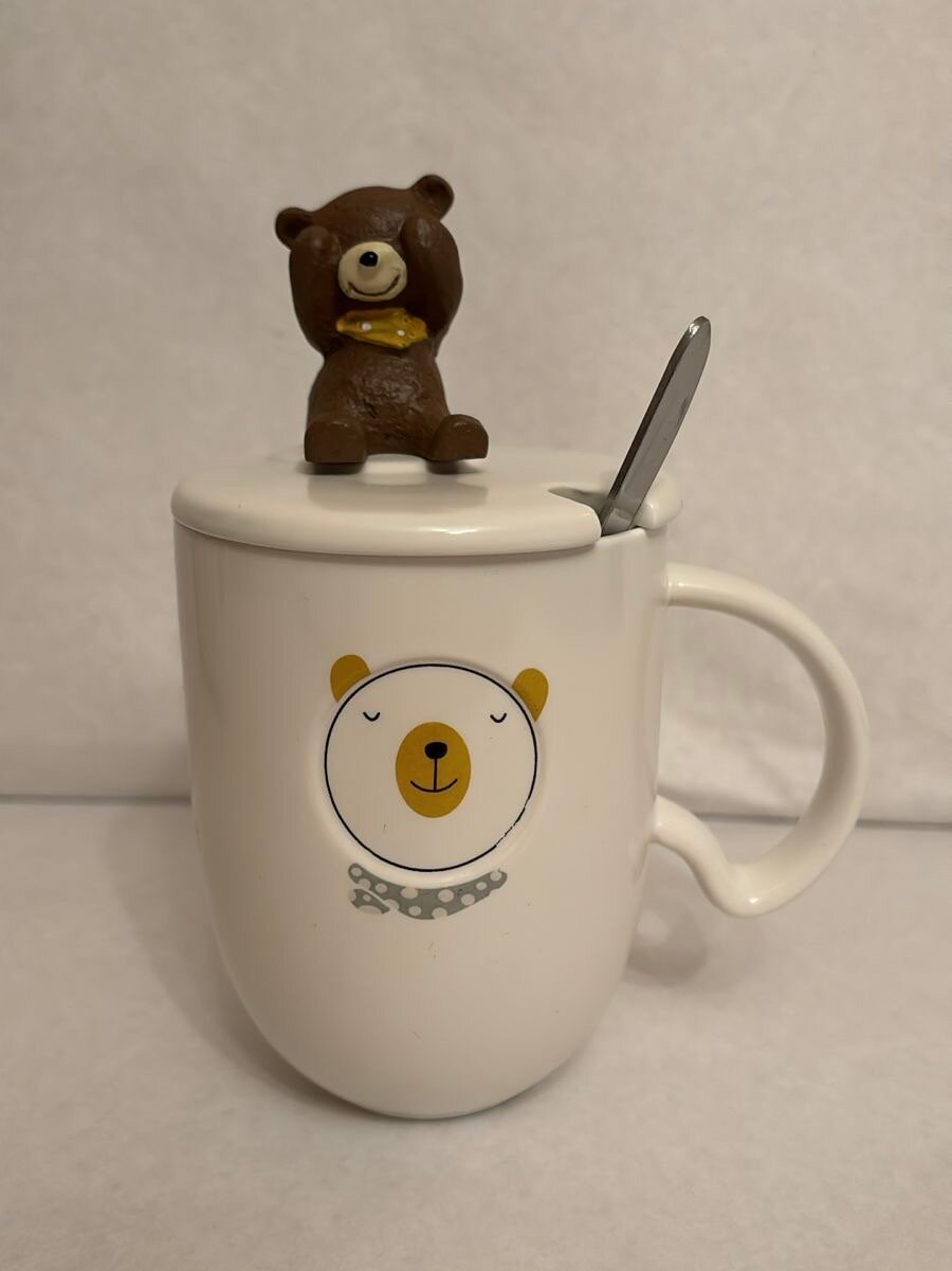 Кружка Доляна "Тэди", с крышкой и ложечкой, керамика, 350 мл, белая