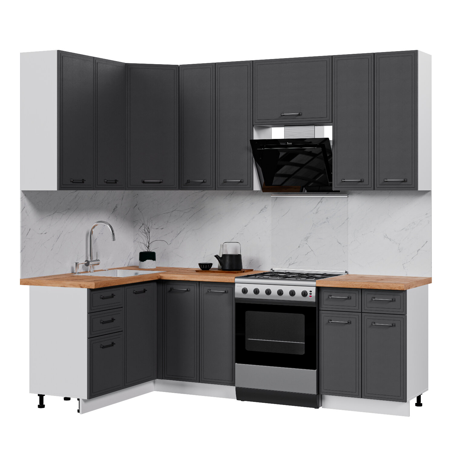 Кухонный гарнитур угловой высокий, без столешницы, Кухня Индира 140х240см h=2370мм, Белый/Гранит