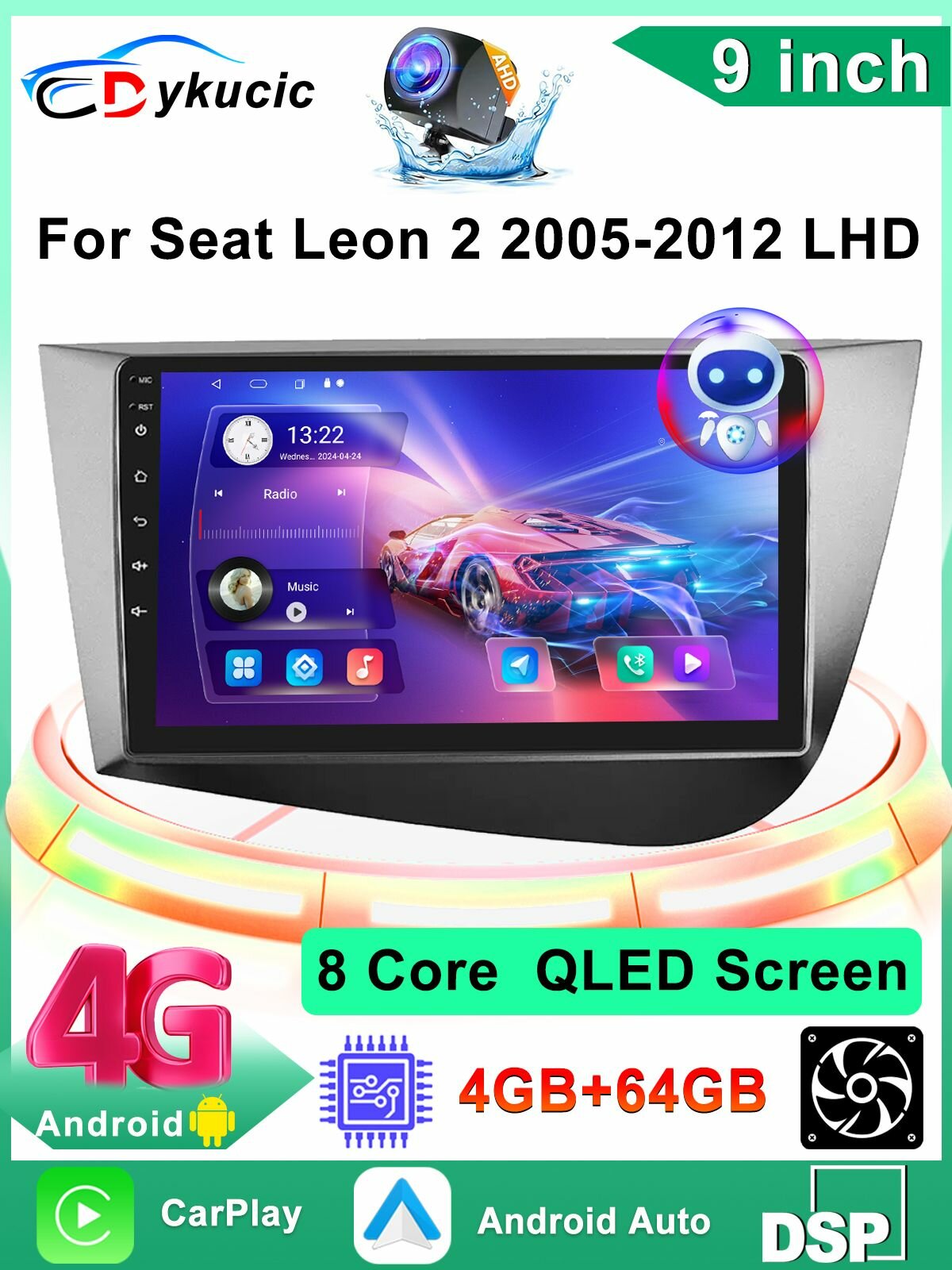 Магнитола для Seat Leon 2 2005-2015 LHD,8 ядерный процессор, Carplay, автозвук DSP, Wifi, 4G