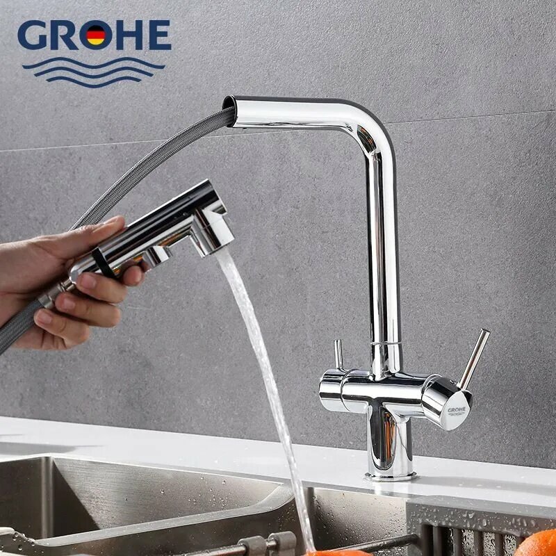 Смеситель для кухни GROHE с подключением фильтра для питьевой воды и гибким выдвижным механизмом
