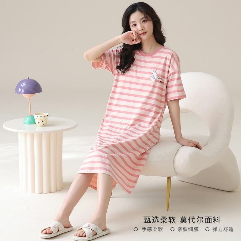 Модальная 5XL экстра большая летняя короткая рукавная ночная рубашка до колена средней длины 110kg года плюс размер свободная ночная рубашка