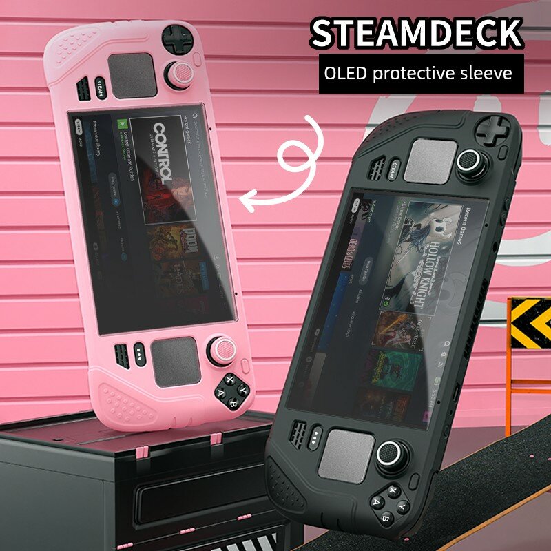 1 Liangzhi SteamDeck OLED Защитный комплект: Силиконовый чехол, ручки, закаленное стекло - Розовый цвет
