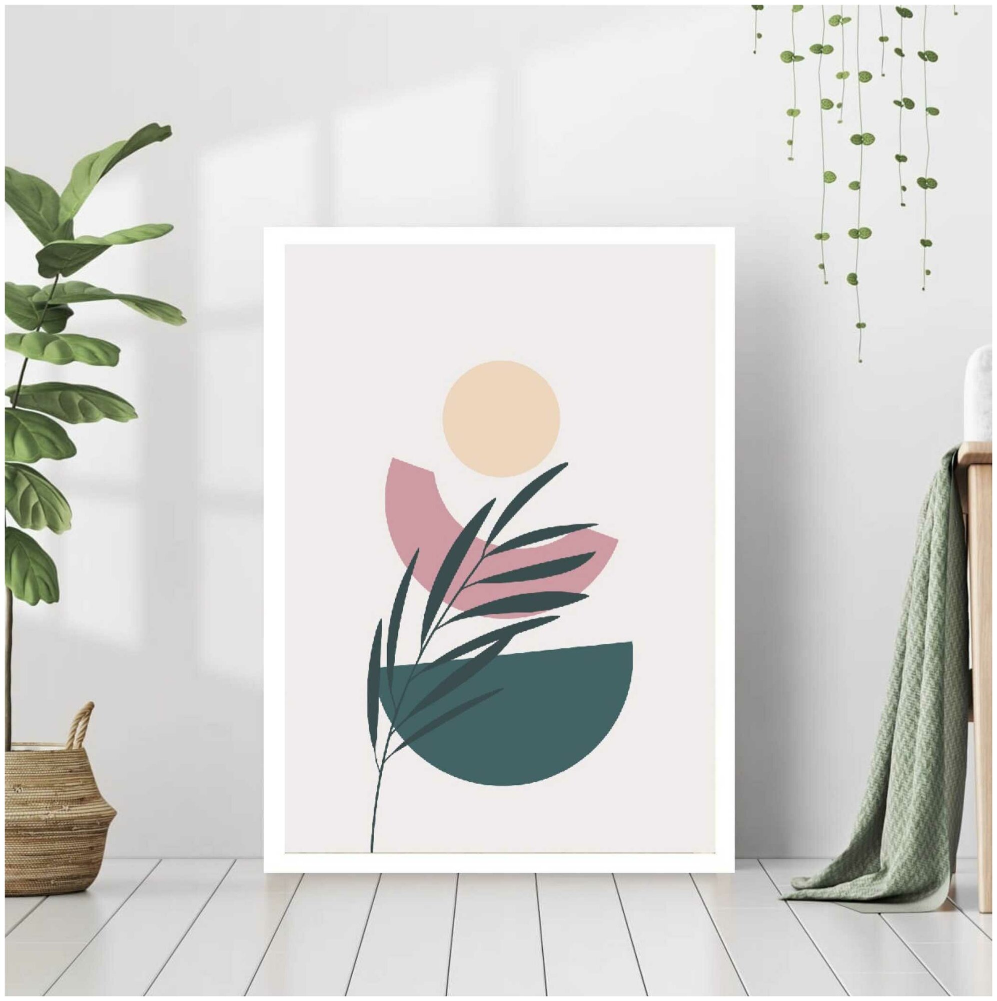 Постер "Абстракция ветка дерева и закат на море" 40х50 в белой рамке для интерьера на стену