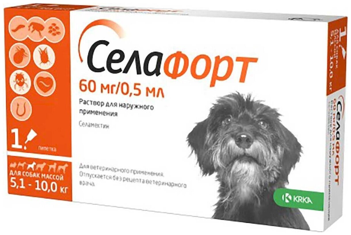 СелаФорт (KRKA) 60 мг/0,5 мл, капли для собак весом 5.1-10 кг, от блох, клещей, вшей и власоедов, 1 пипетка по 0.5 мл