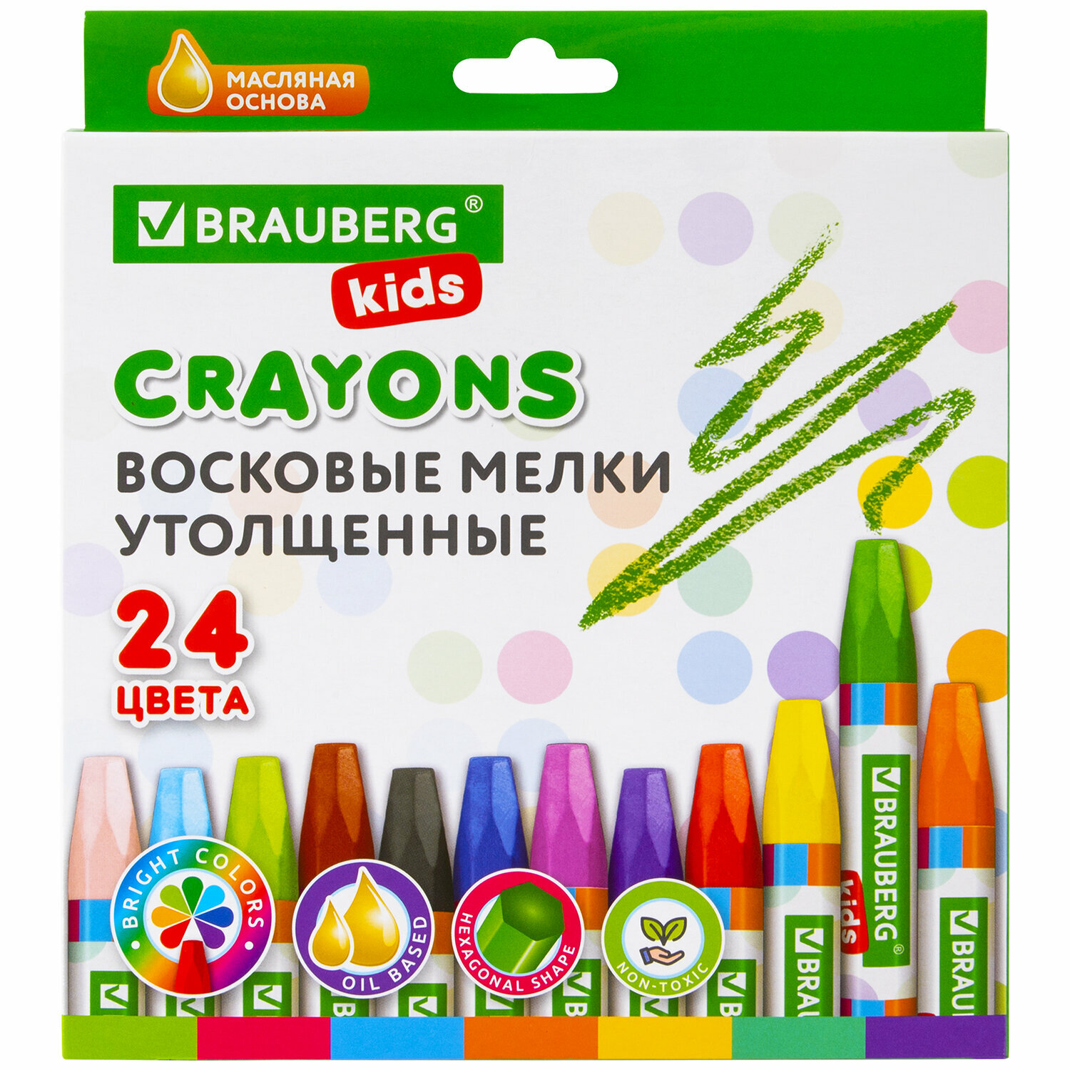 Brauberg Восковые мелки утолщенные Kids набор 24 цвета, на масляной основе, яркие цвета, 271694