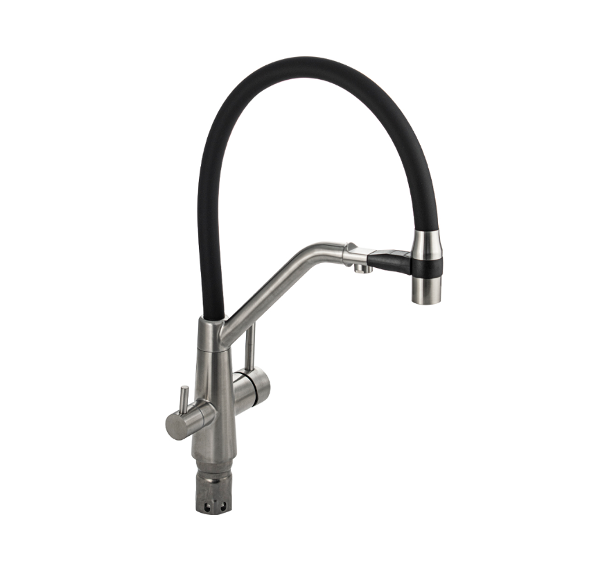 Смеситель кухонный С-образный гибкий излив - чёрный с магнитной фиксацией на жёстком изливе, шаровый, с двойным выпуском воды для фильтра