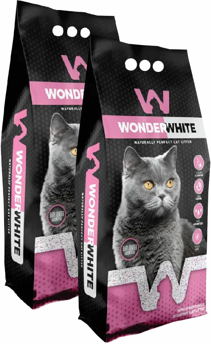 WONDER WHITE BABY POWDER наполнитель комкующийся для туалета кошек с ароматом детской присыпки (10 + 10 кг)
