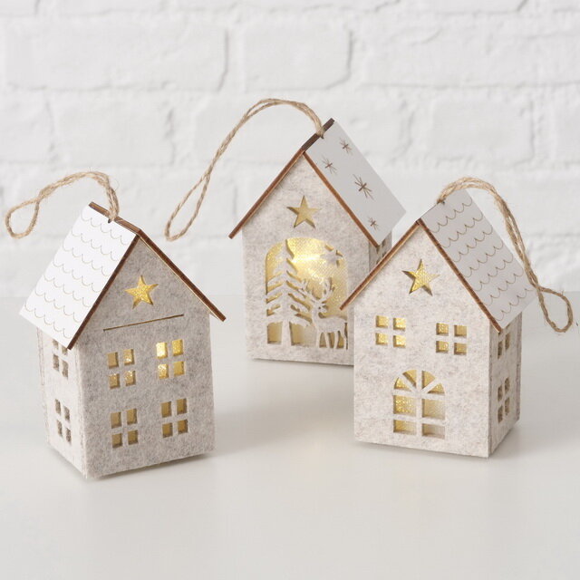 Набор светящихся елочных игрушек Домики Avon 11 см, 3 шт, на батарейках, Boltze, 2051822-набор