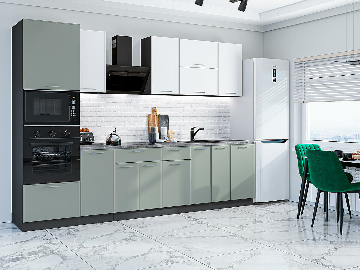 Кухня Квадро-01, цвет фасада Белый/Аквамарин, цвет каркаса Graphite, 2140*3000*600 мм