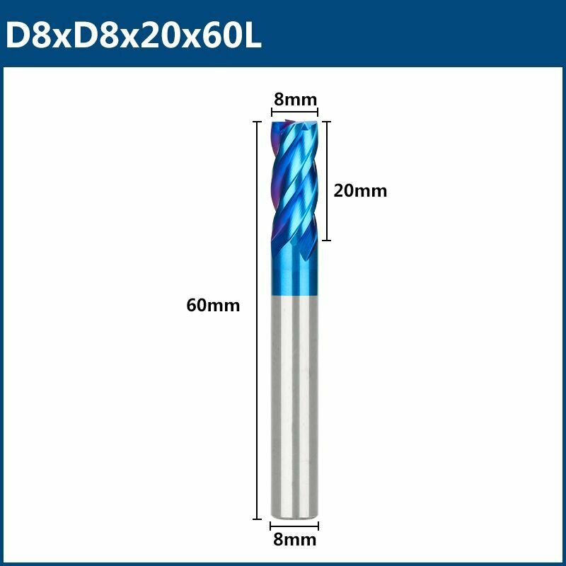 Фреза спиральная четырехзаходная XCAN 8х8х20х60 мм, по металлу, с нано-синим покрытием