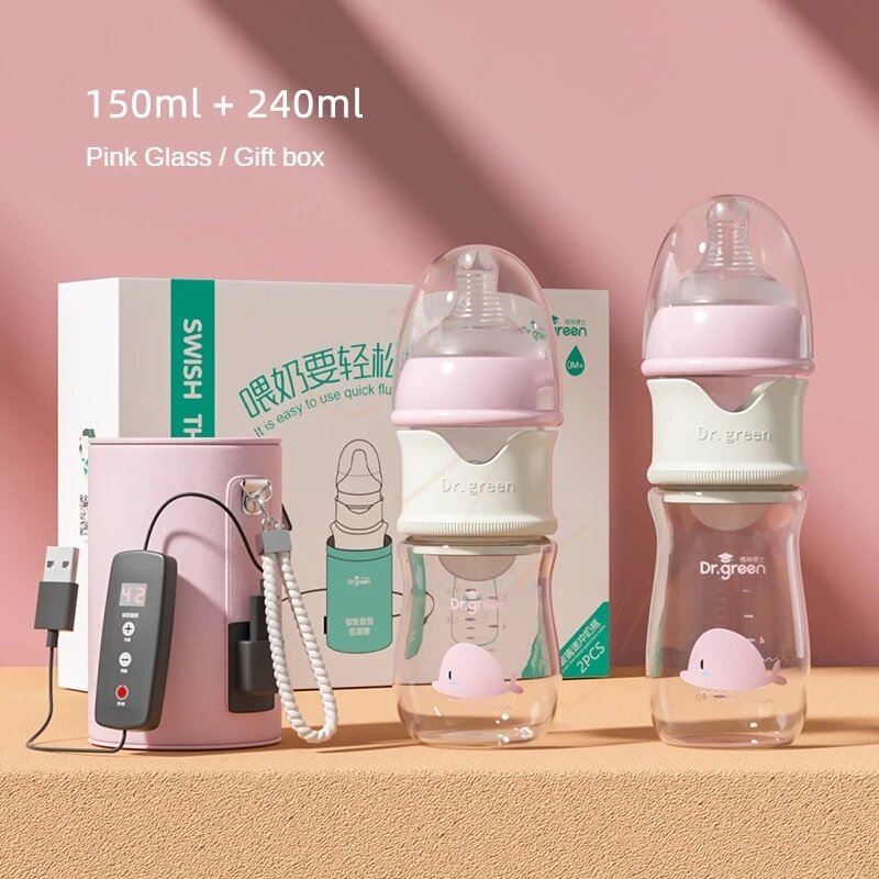 Dr.Green стеклянные бутылочки для кормления 150+240 мл розовые/синие с термостатом, Розовый