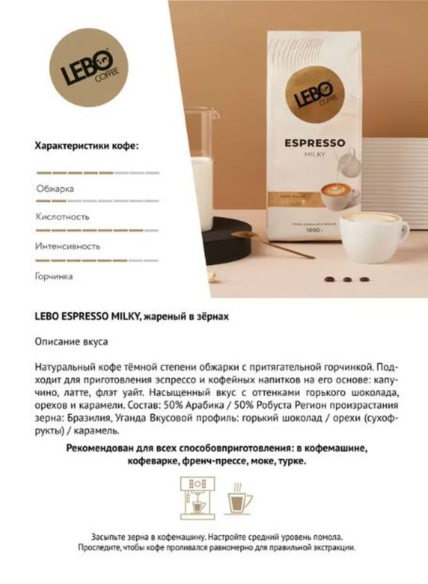 Кофе Lebo Espresso Milky, в зернах, арабика/робуста, темная обжарка, 1кг