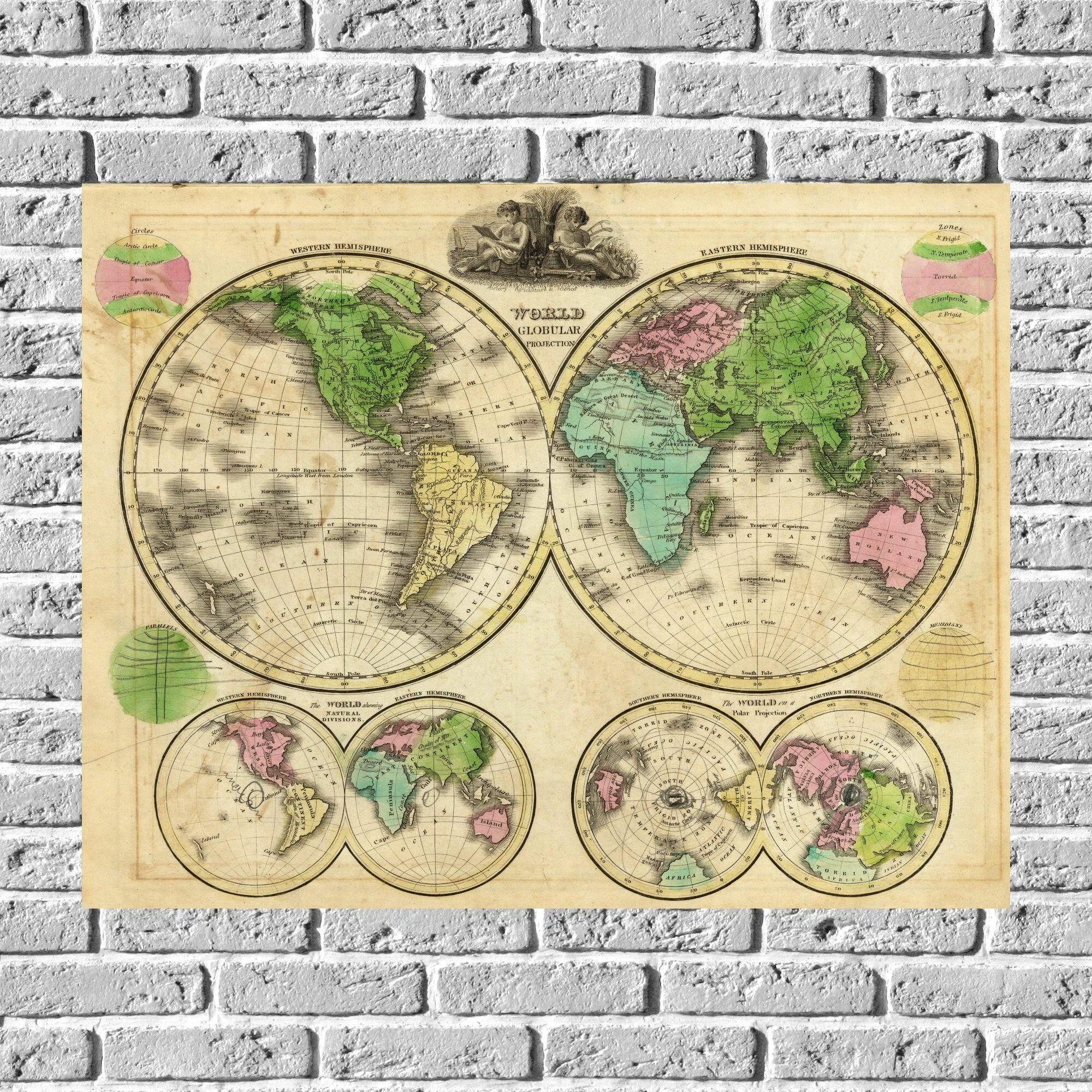 Старинная, 1842 года карта World Globular Projection.