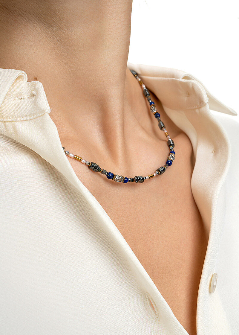 Колье, серебро, 925 проба, гематит, пирит, лазурит, жемчуг