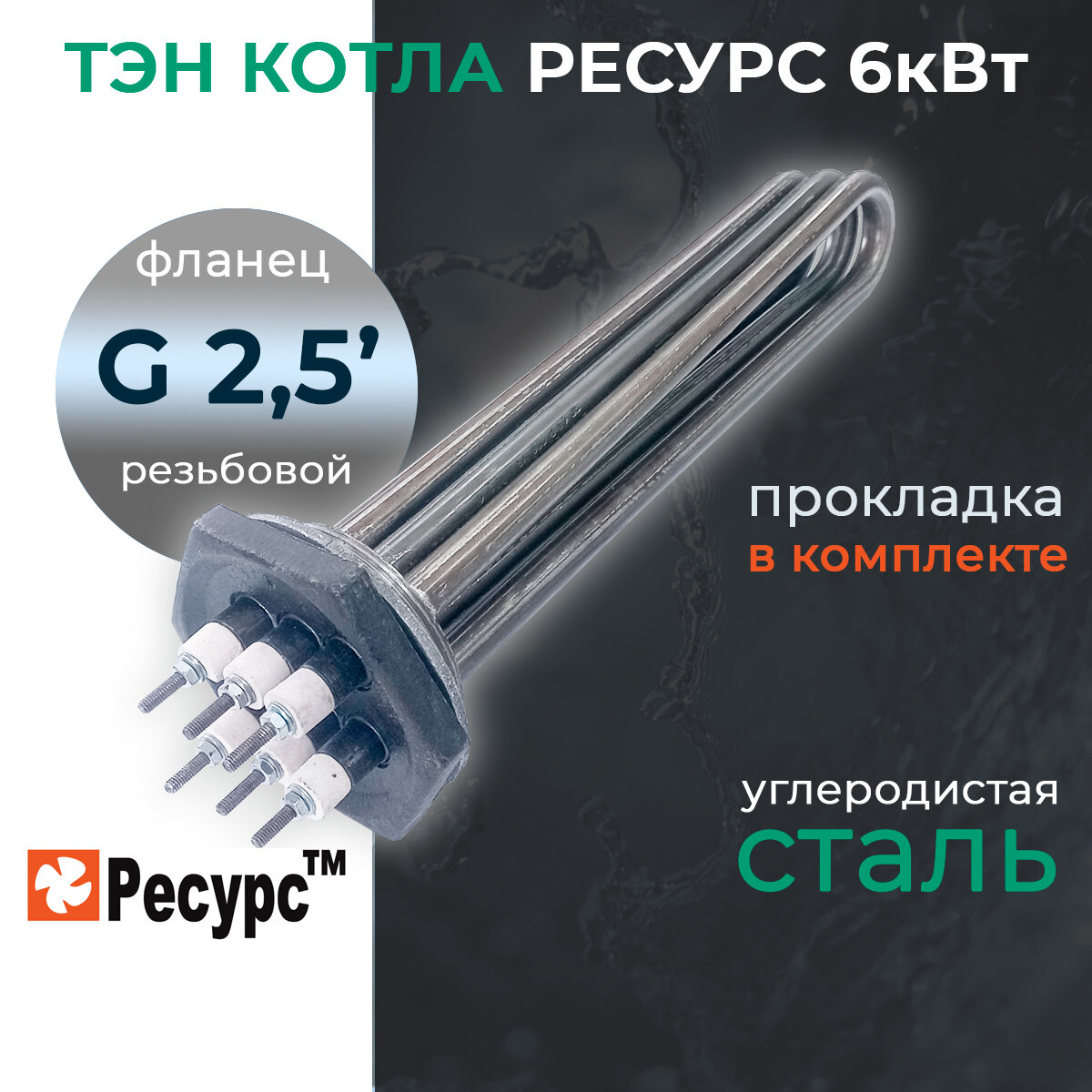 ТЭН котла Ресурс, 6000 Вт, 220/380В, из углеродистой стали, фланец G 2 1/2' (73мм), L330мм, с паронитовой прокладкой