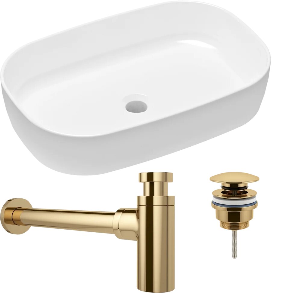 Комплект 3 в 1 Накладная раковина Lavinia Boho Bathroom Sink Slim 33311003 54 глянцевая белая / Донный клапан Wellsee Drainage System 182141000 золото / Сифон 182126000 бутылочный, золото